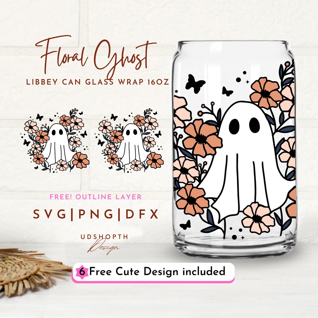 Floral Ghost Svg, Halloween Glass Can Svg, 16oz Libbey Can Glass Svg ...