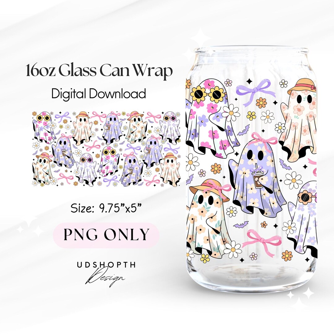 Preppy Ghost Glass Can Wrap PNG, Cute Floral Ghosts With Bows, 16oz ...