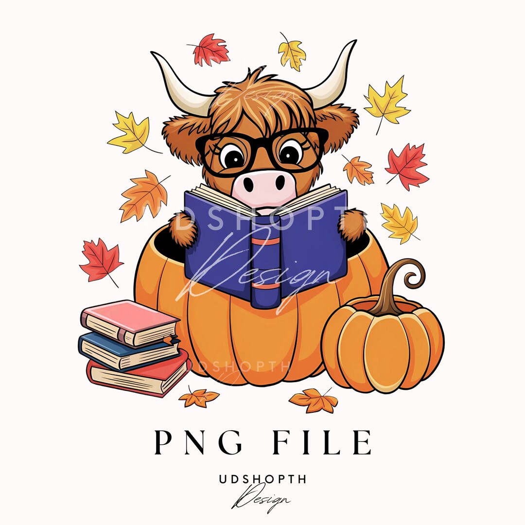 Highland Cow Fall Png, Highland Cow Reading Books Png, Autumn Reading ...
