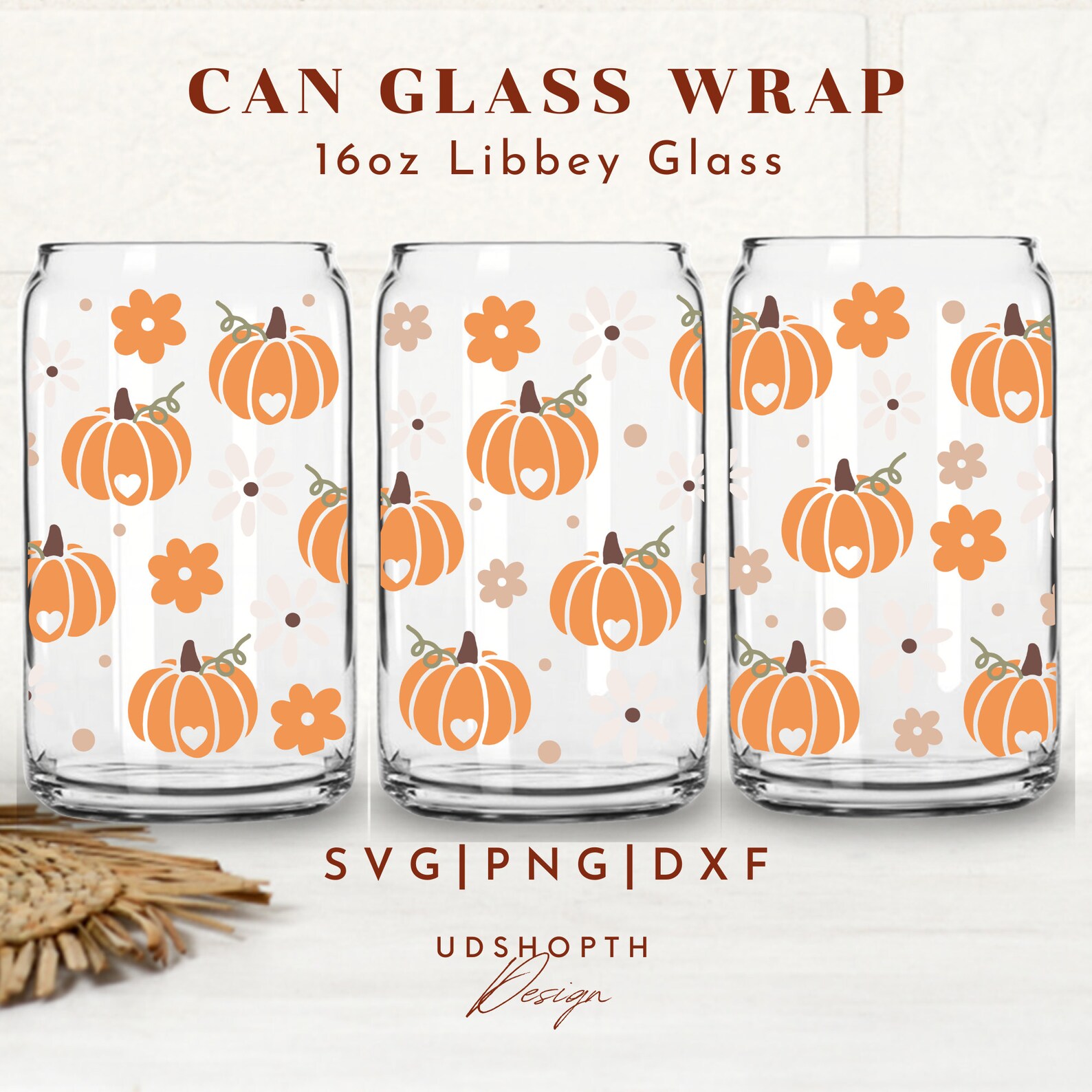 Fall Pumpkin 16oz Libbey Glass Can Svg, Pumpkin and Flower Glass Cup ...