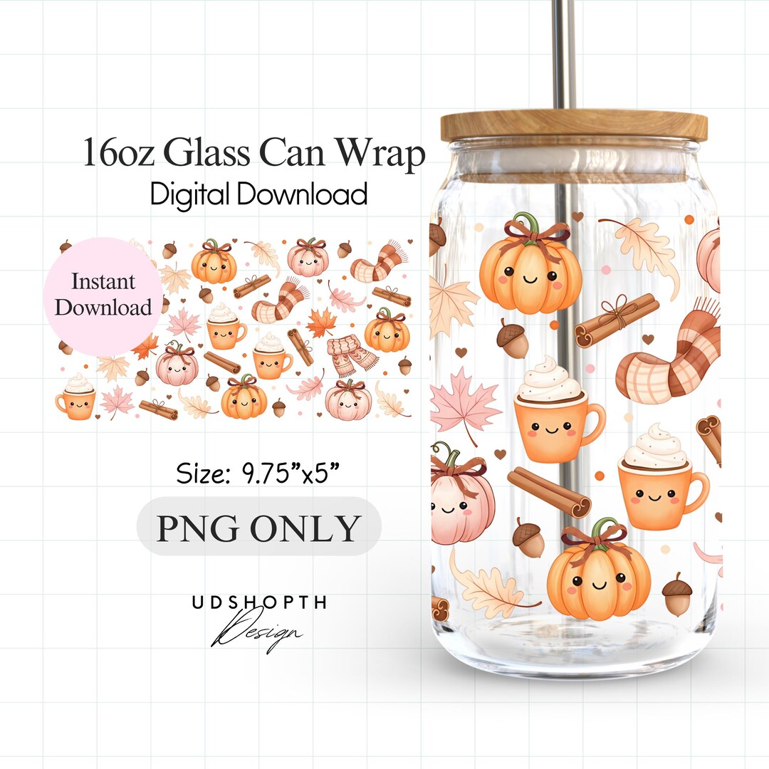 Preppy Fall Pumpkin Glass Can Wrap PNG, Cozy Autumn Png, 16oz Libbey ...