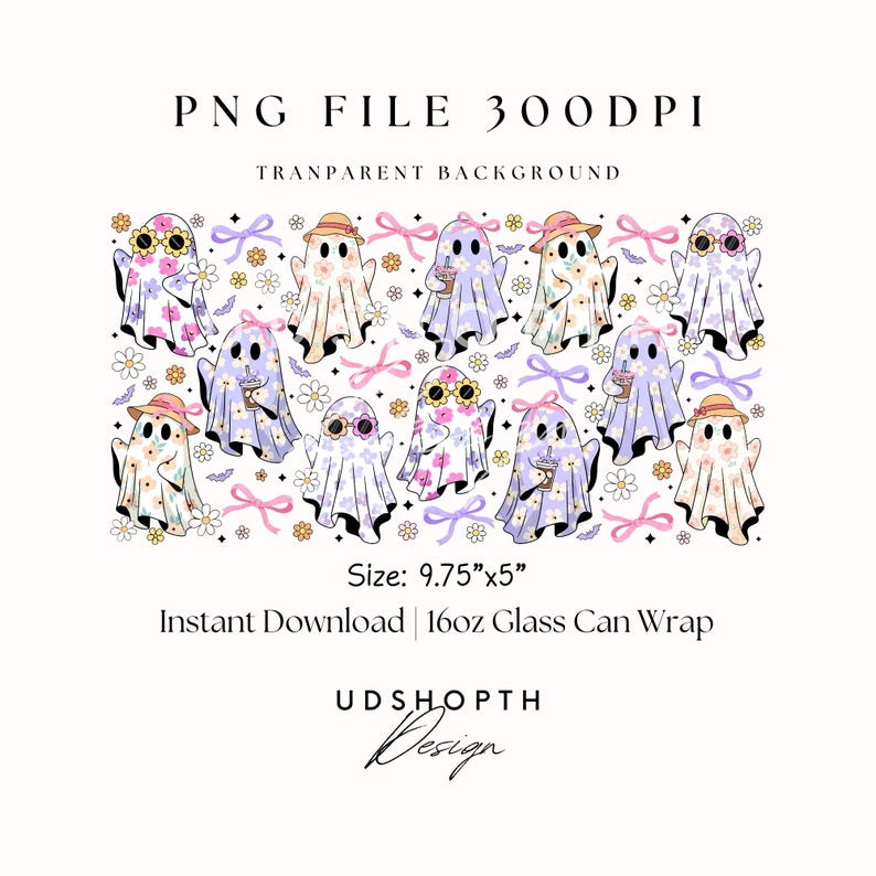 Preppy Ghost Glass Can Wrap PNG, Cute Floral Ghosts With Bows, 16oz ...