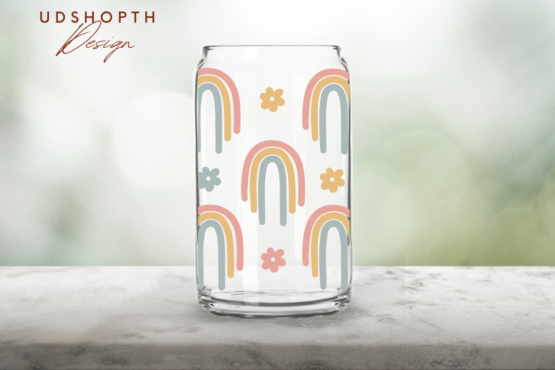 Boho Rainbow With Flowers Can Glass Svg Retro Rainbow 16oz - Etsy