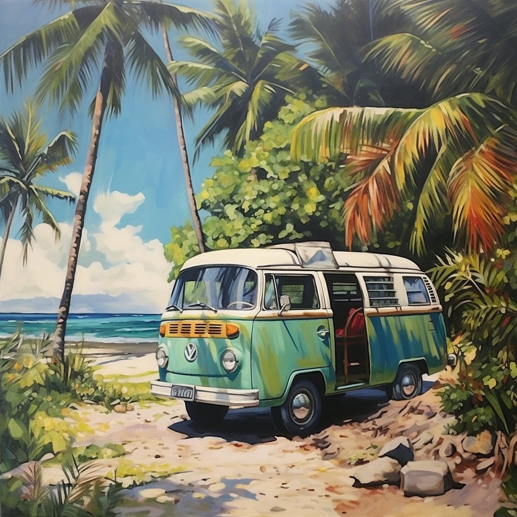 Summer Tropical Beach Art, Camping Van, Summer Vacation Themed, Poster ...