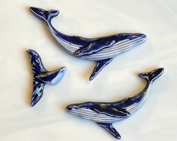 Ceramic Whale Tiles, 3pcs, Two Sizes Whales, Whale Tail, Dark and Light ...
