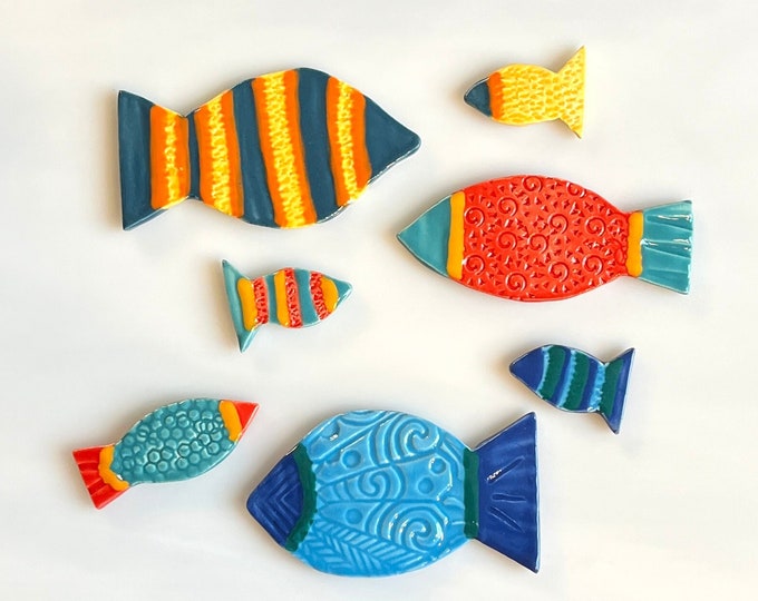 Ceramic Fish Tiles, 7pcs, Hand Cut and Carved, Stamped Patterns, Bright ...