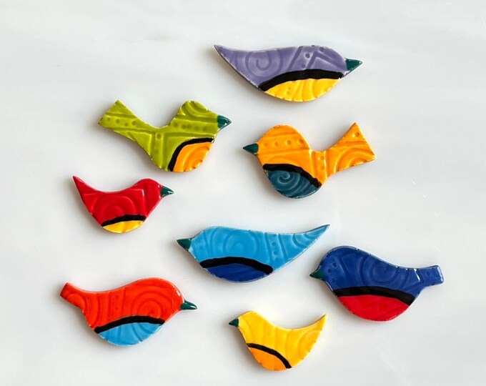 Ceramic Bird Tiles, 8pcs, Hand Cut, Whimsical Pattern, Bright Colors ...