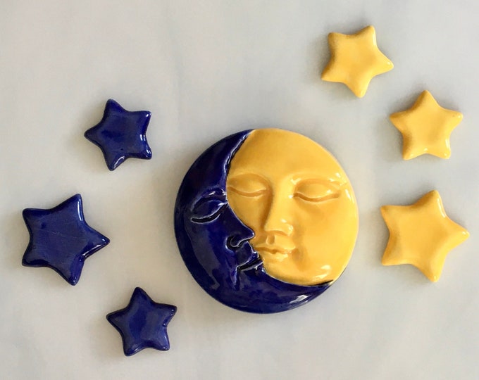 Ceramic Sun/moon Face & Star Tiles, 7pcs, Whimsical Sun/moon Face ...