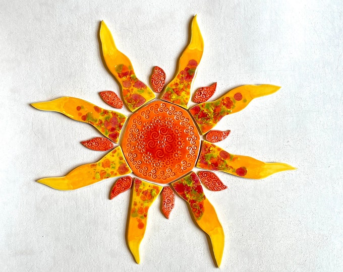 Ceramic Sun With Sun Ray Tiles, 17pcs, Whimsical Mandala Center, Ombre ...