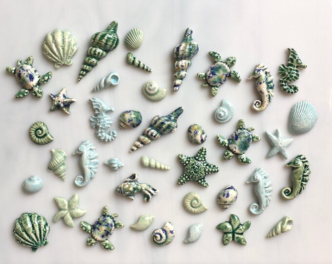 Ceramic Seashell and Sea Creature Tiles, 12pcs, Variety Blues and ...