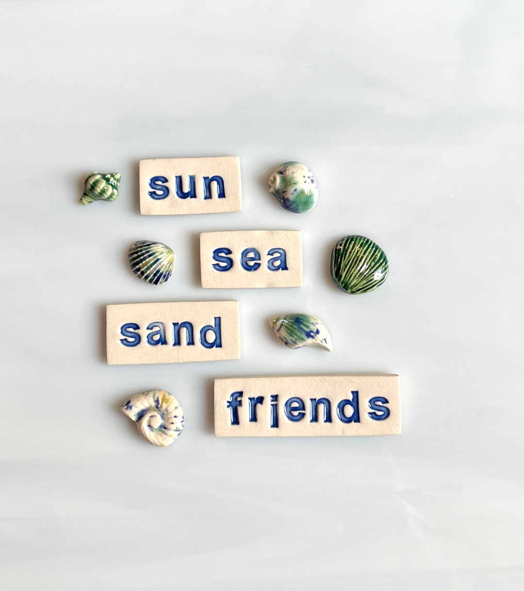 Ceramic Word and Seashell Tile Set, 10pcs, Sun Sea Sand Friends ...