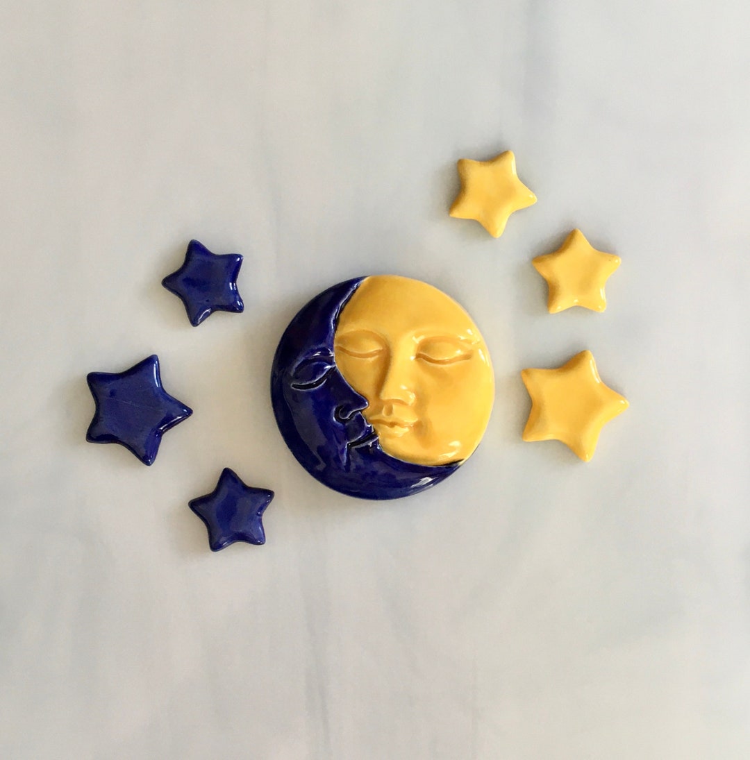 Ceramic Sun/moon Face & Star Tiles, 7pcs, Whimsical Sun/moon Face ...