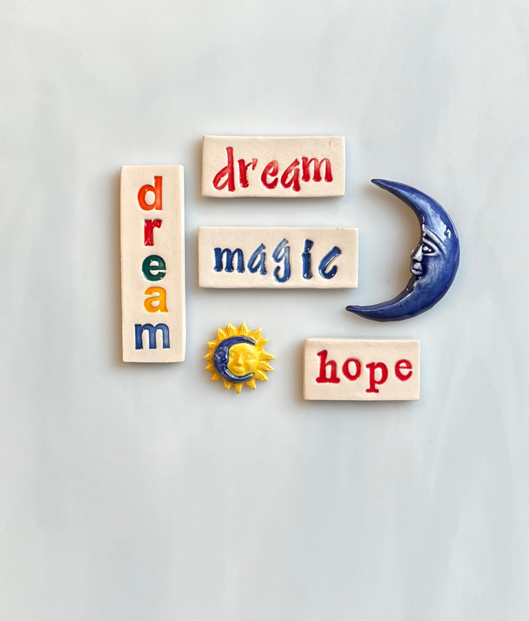 Ceramic Word and Tile Set, 6pcs, Whimsical Moon Faces, Variety Words ...