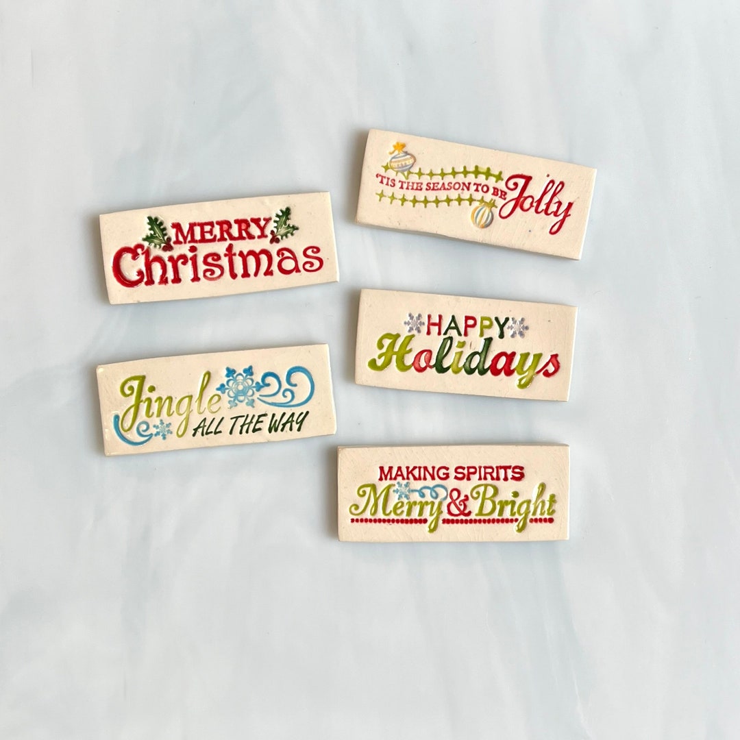 Ceramic Word Tiles, 5pcs, Hand Cut Holiday Phrases, Christmas Theme ...