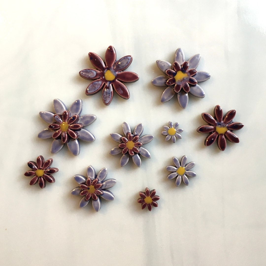 Ceramic Flower Tiles, 10pcs, Light and Dark Purples, Variety Sizes and ...