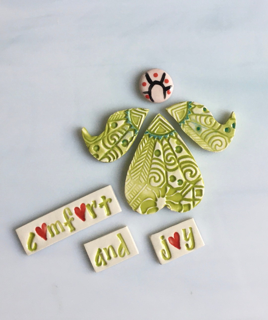 Ceramic Angel and Word Tile Set, 7 Pcs, Hand Cut and Stamped Angel With ...