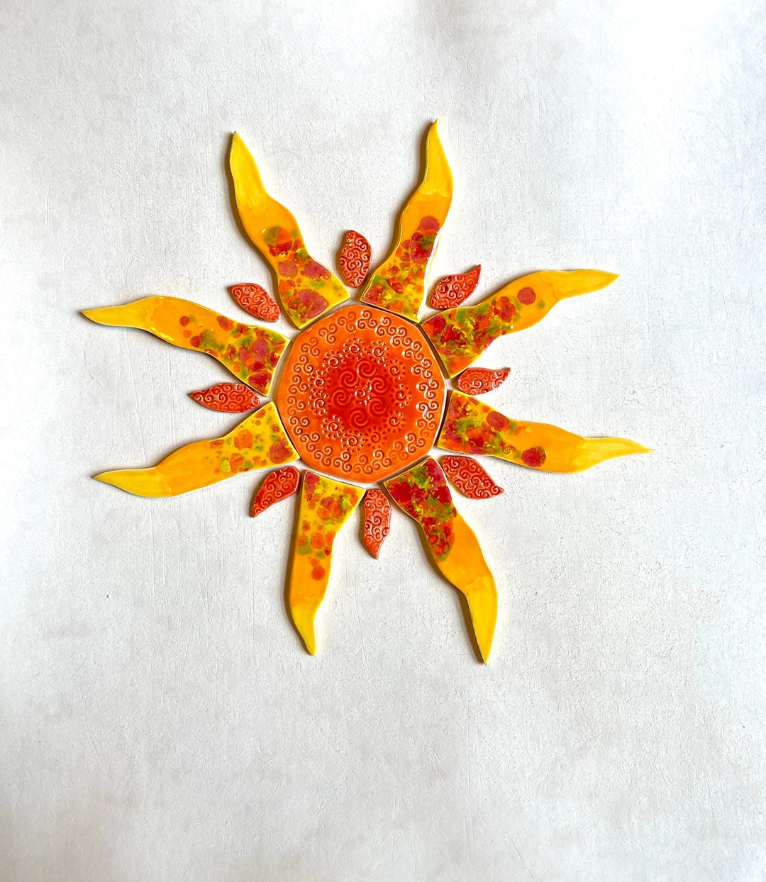 Ceramic Sun With Sun Ray Tiles, 17pcs, Whimsical Mandala Center, Ombre ...