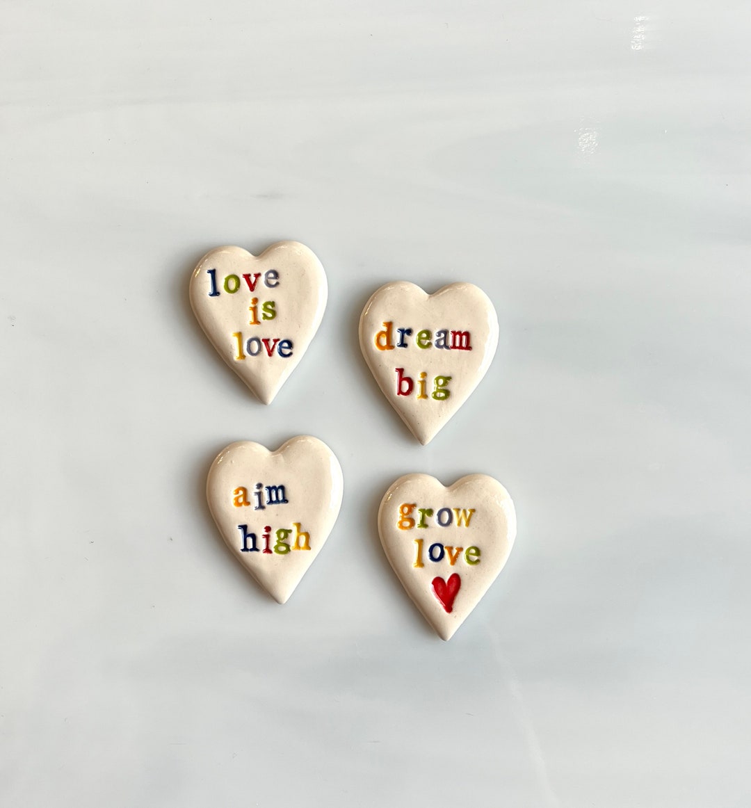 Ceramic Word Tiles, 4pcs, Heart Shaped, Inspirational Words, Bright ...