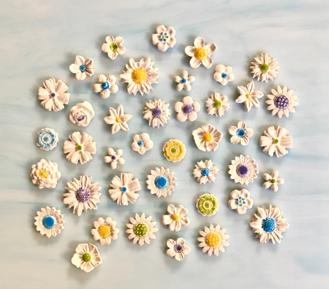 Ceramic Flower Tiles, 12pcs, Variety Shapes and Sizes, Cotton White ...