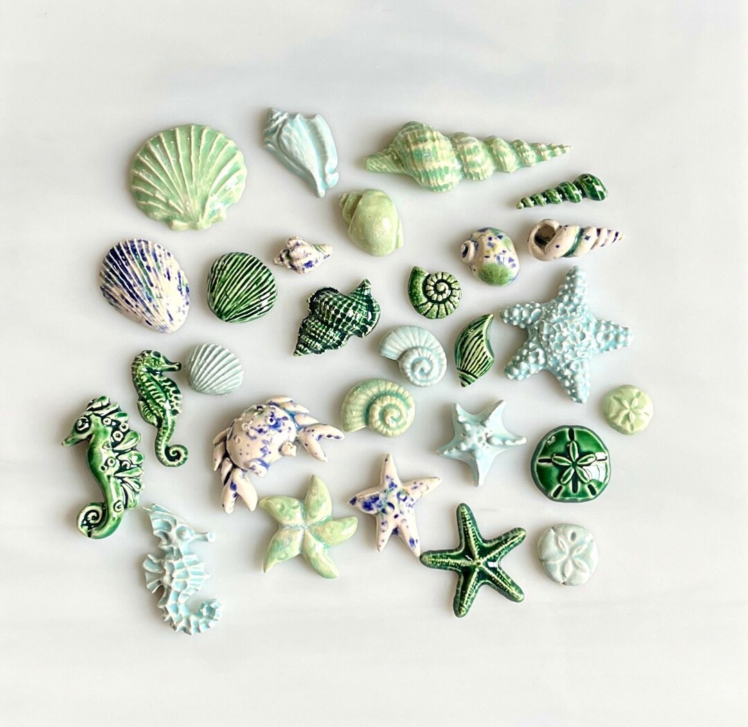 Ceramic Seashell and Sea Creature Tiles, 12pcs, Variety Blues and ...