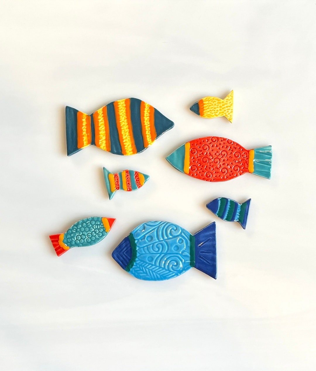 Ceramic Fish Tiles, 7pcs, Hand Cut and Carved, Stamped Patterns, Bright ...