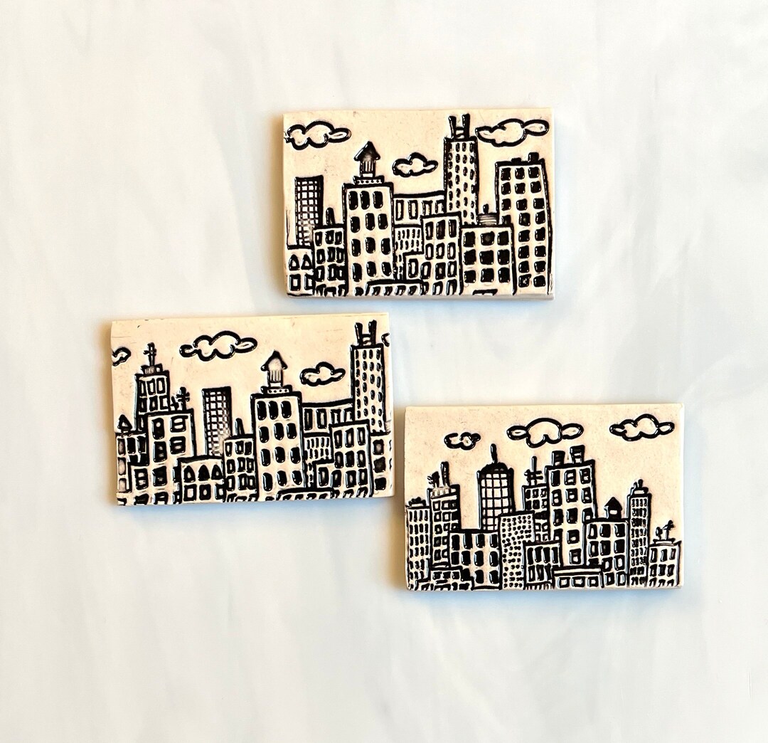 Ceramic City Skyline Tiles, 3pcs, Variety Hand Cut Images, Whimsical ...