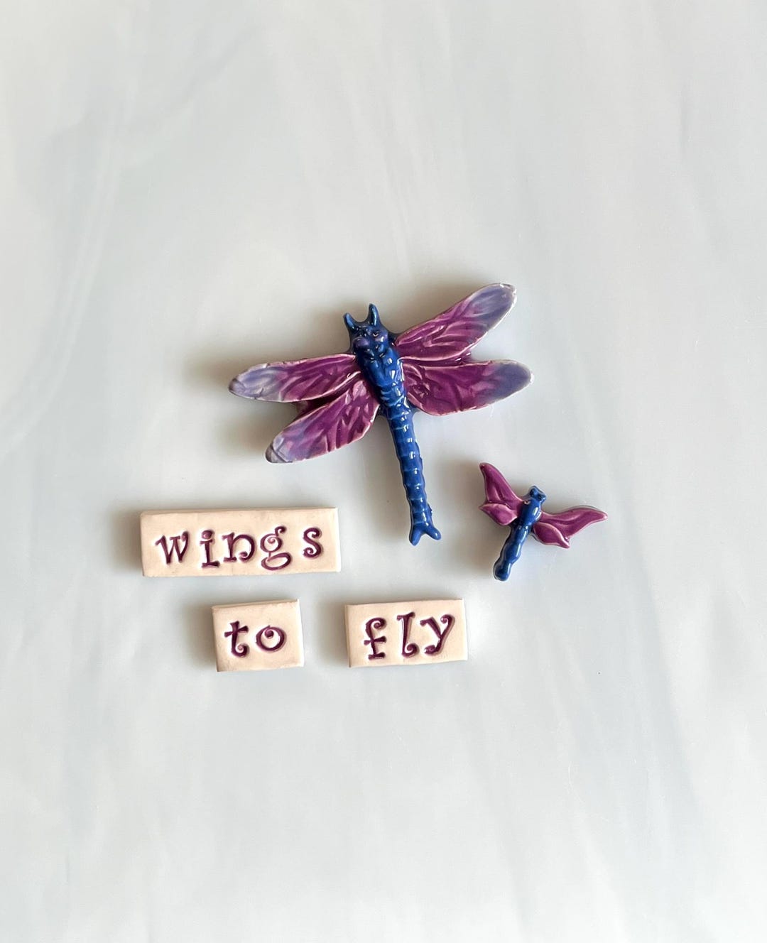 Ceramic Dragonfly and Word Tile Set, 5pcs, Inspirational, Wings to Fly ...