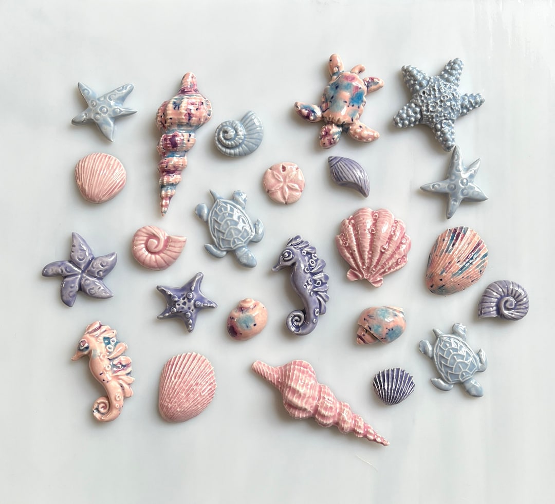 Ceramic Seashell and Sea Creature Tiles, 12pcs, Variety Pinks and ...