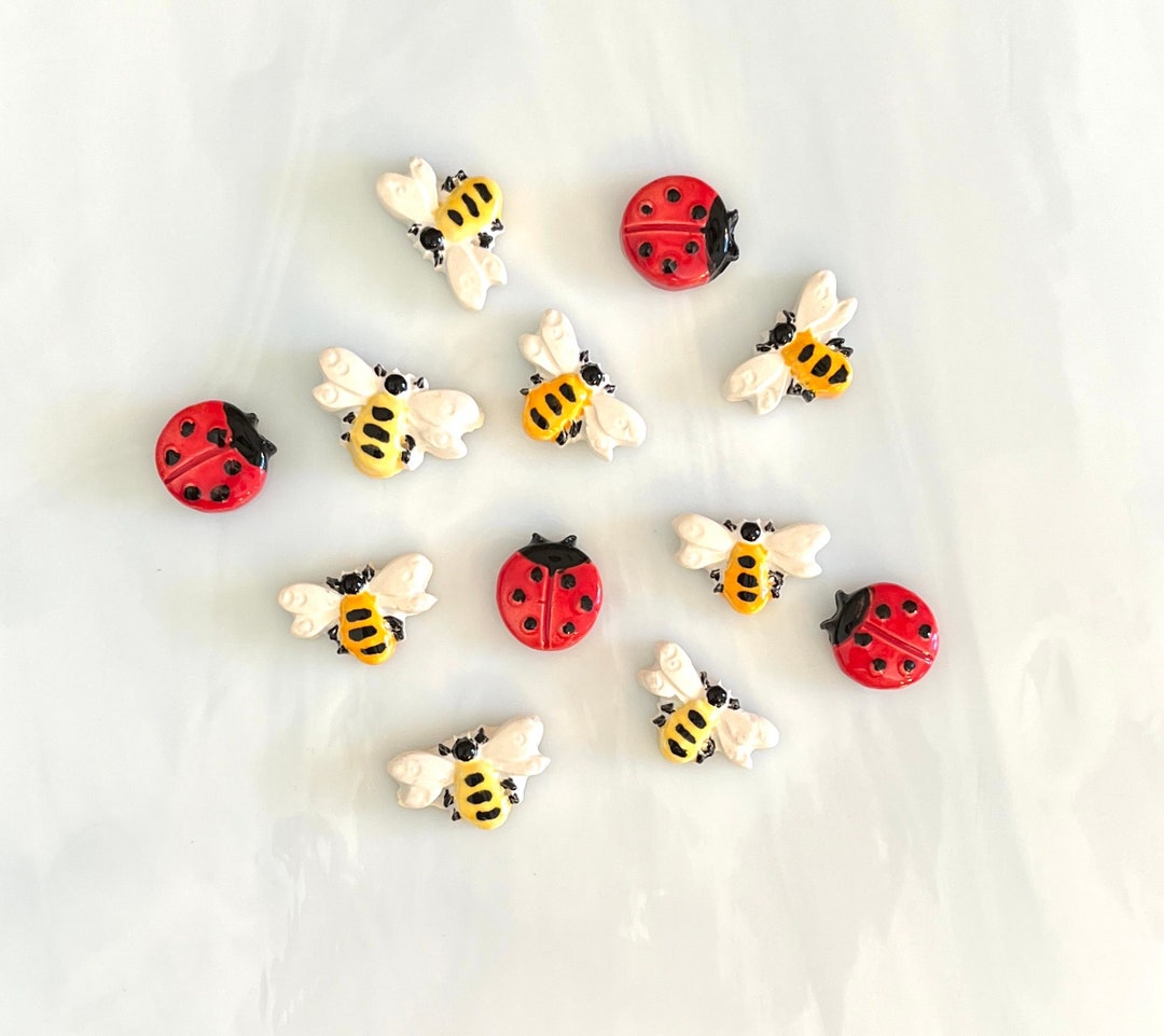 Ceramic Bee and Ladybug Tiles, 12pcs, Whimsical Bees in Two Colors, Red ...