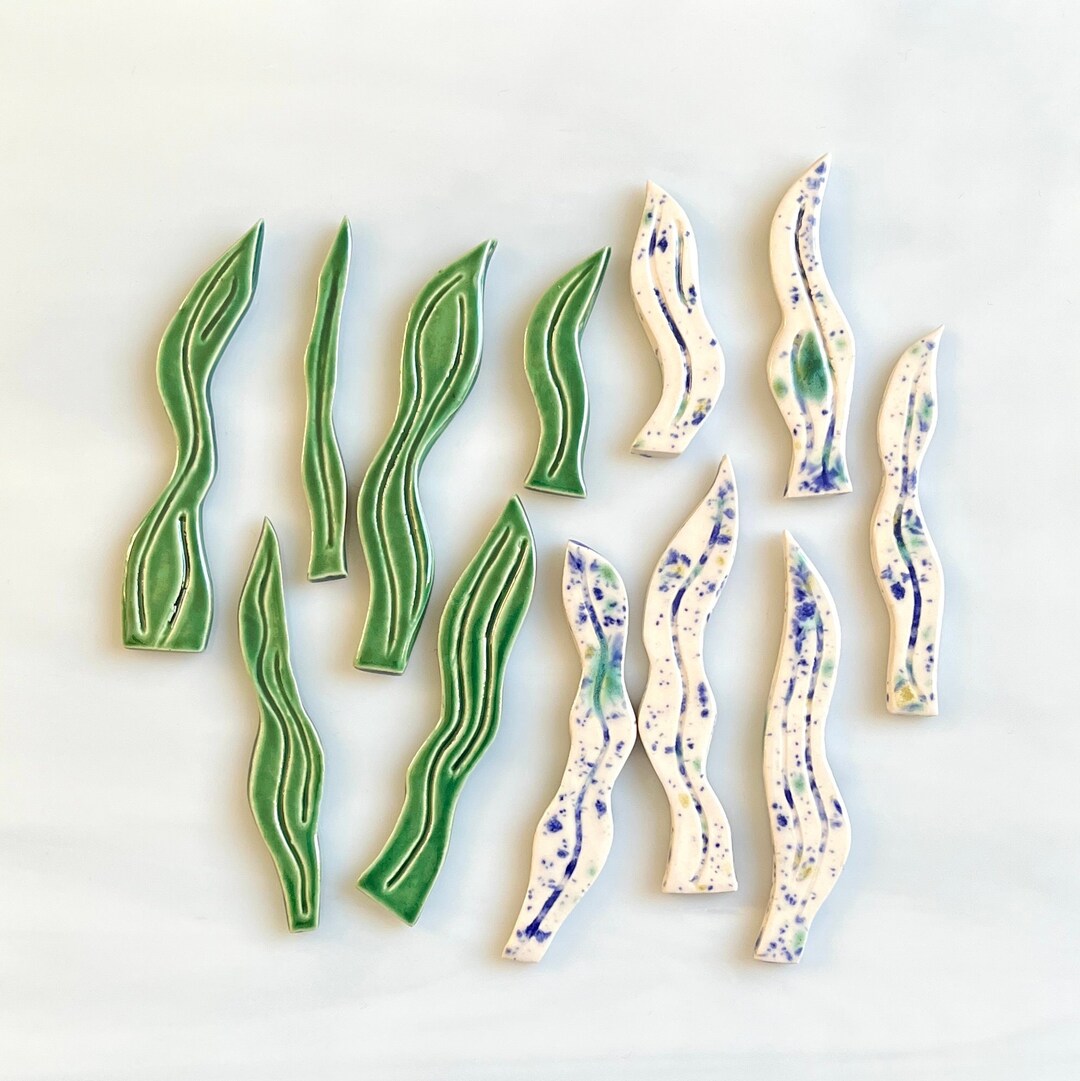 Ceramic Grass or Seaweed Tiles, 6pcs, Hand Cut, Carved, Sea Grass ...