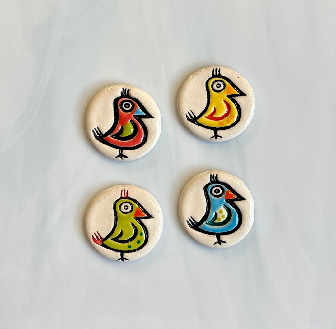 Ceramic Bird Tiles, 4pcs, Funky Bird Tiles, Whimsical, Hand Cut and ...