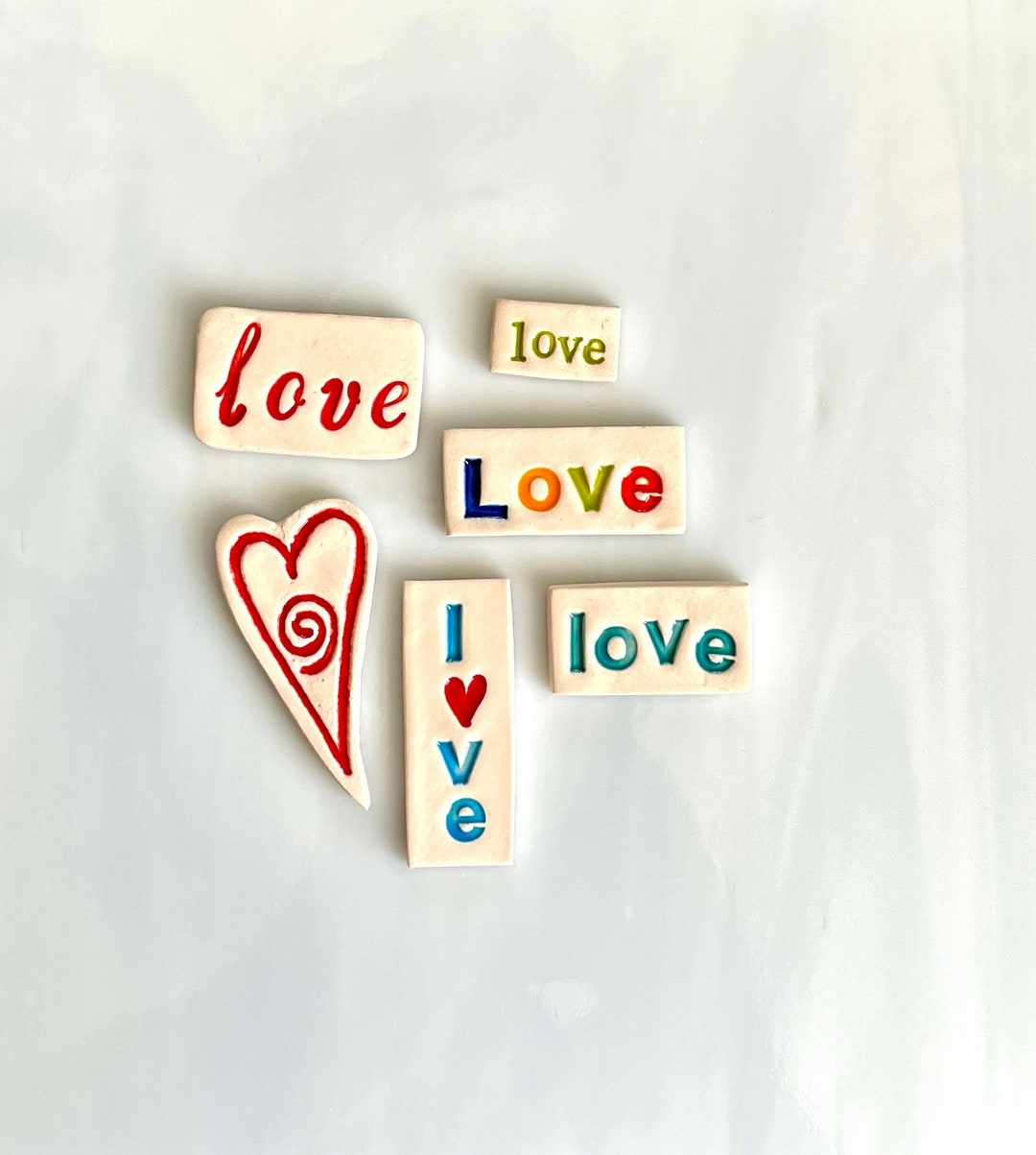 Ceramic Word and Tile Set, 6pcs, Love Word Tiles, Whimsical Heart ...