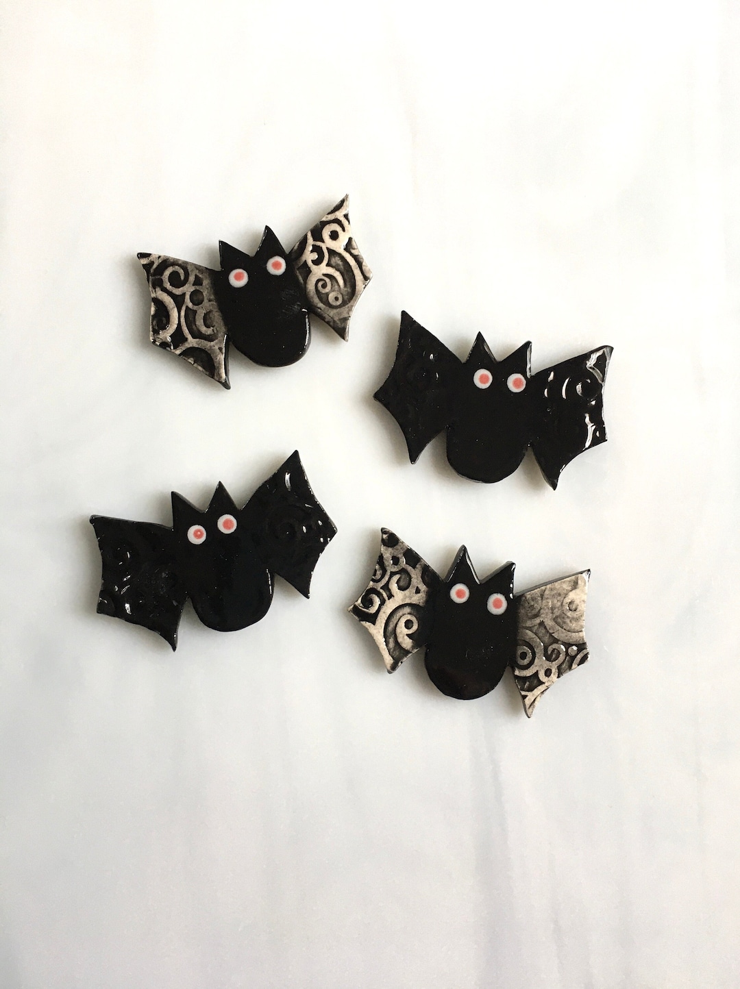 Ceramic Bat Tiles, 4 Pcs, Whimsical Halloween Tiles, Stamped Design ...