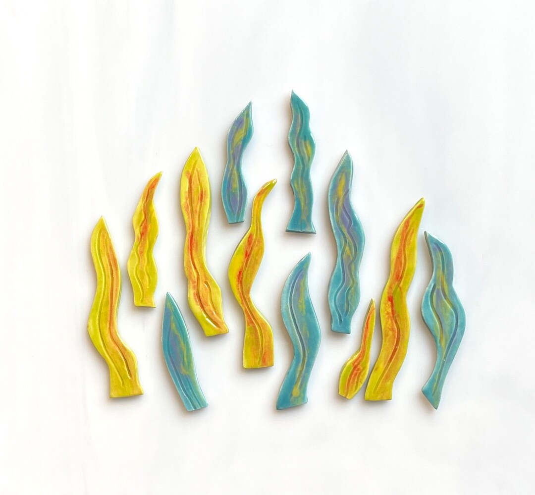 Ceramic Grass or Seaweed Tiles, 6pcs, Hand Cut, Carved, Sea Grass ...