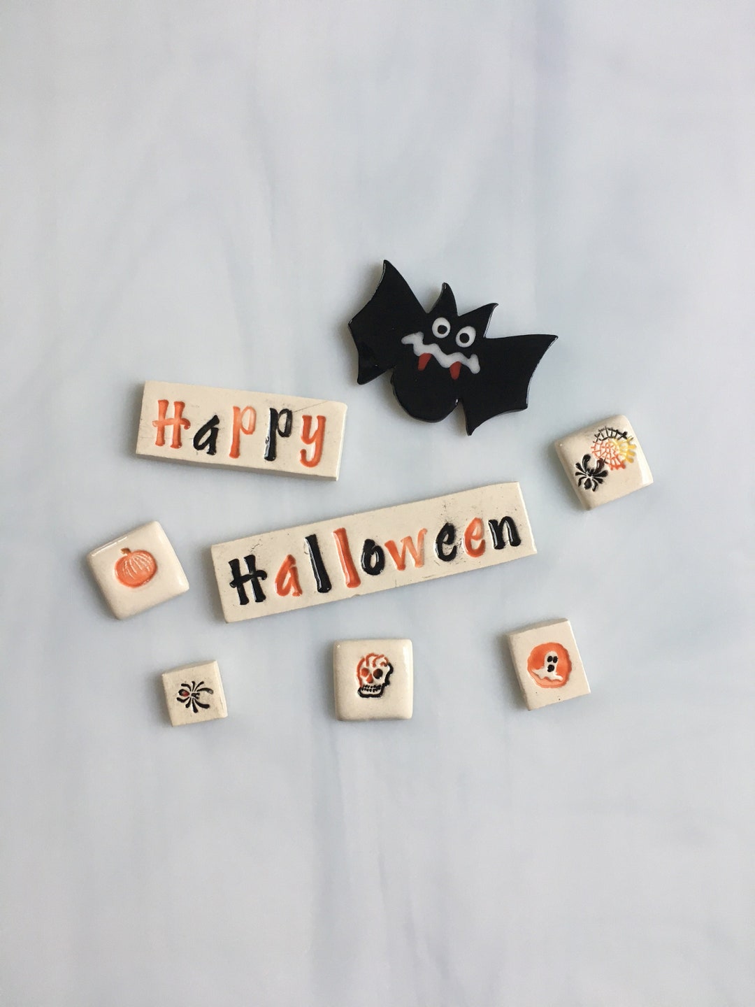 Ceramic Halloween Tiles, 8pcs, Whimsical Hand Cut and Stamped Halloween ...