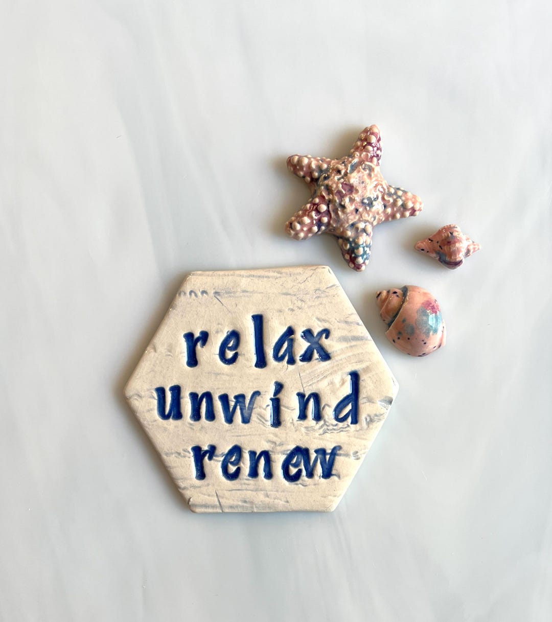 Ceramic Word and Seashell Tile Set, 4pcs, Inspirational Phrase, Relax ...