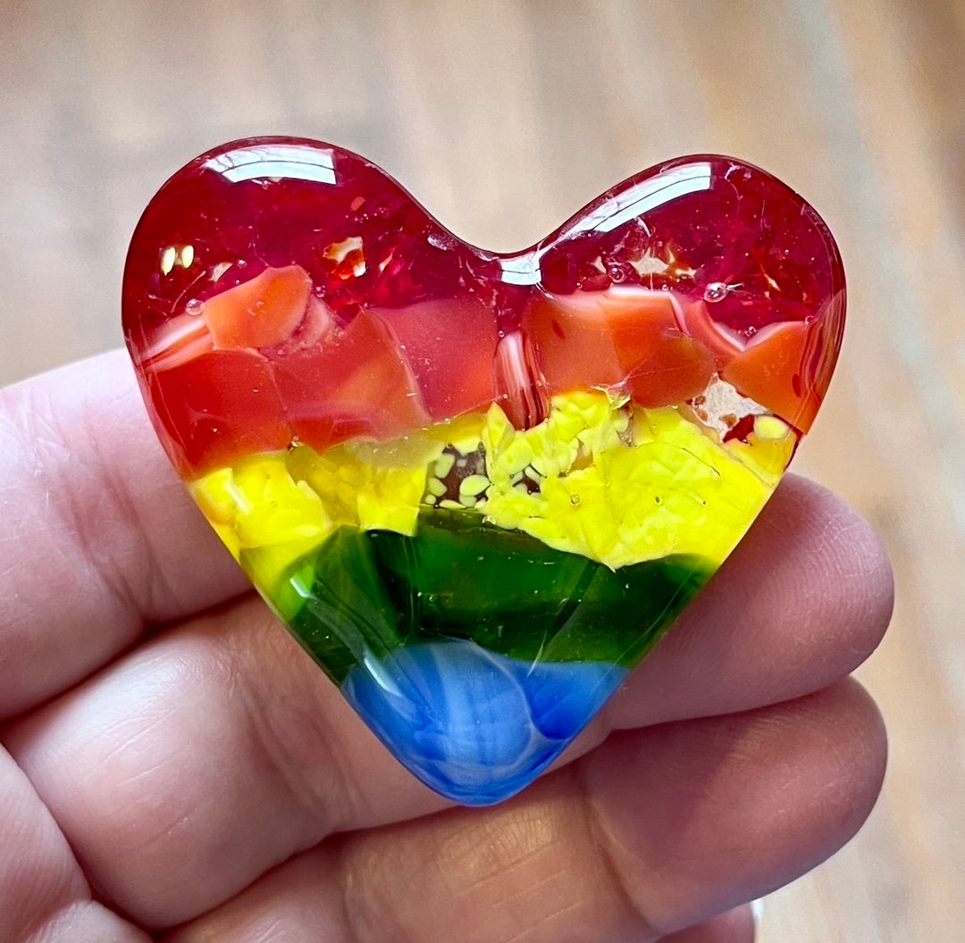 Glass Fused Heart, Pocket Hug, Rainbow, Hand Crafted, Gift Mother's Day ...