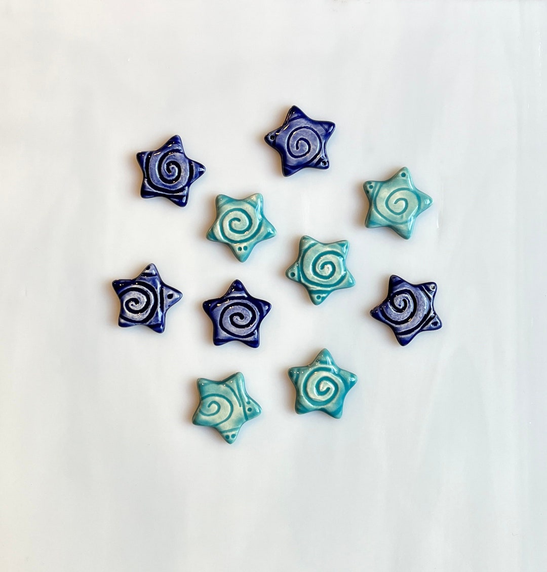 Ceramic Star Tiles, 10pcs, Whimsical Swirl Stars, Two Shades of Blue ...
