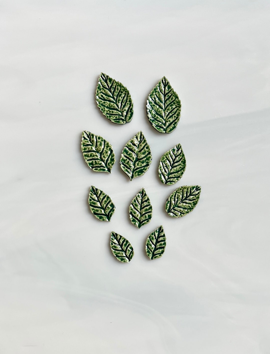 Ceramic Leaf Tiles, 10pcs, Thin Detailed Variegated, Evergreen, Five ...