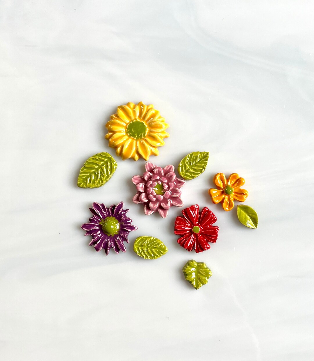Ceramic Flower and Leaf Tile Set, 10pcs, Bright and Colorful, Variety ...