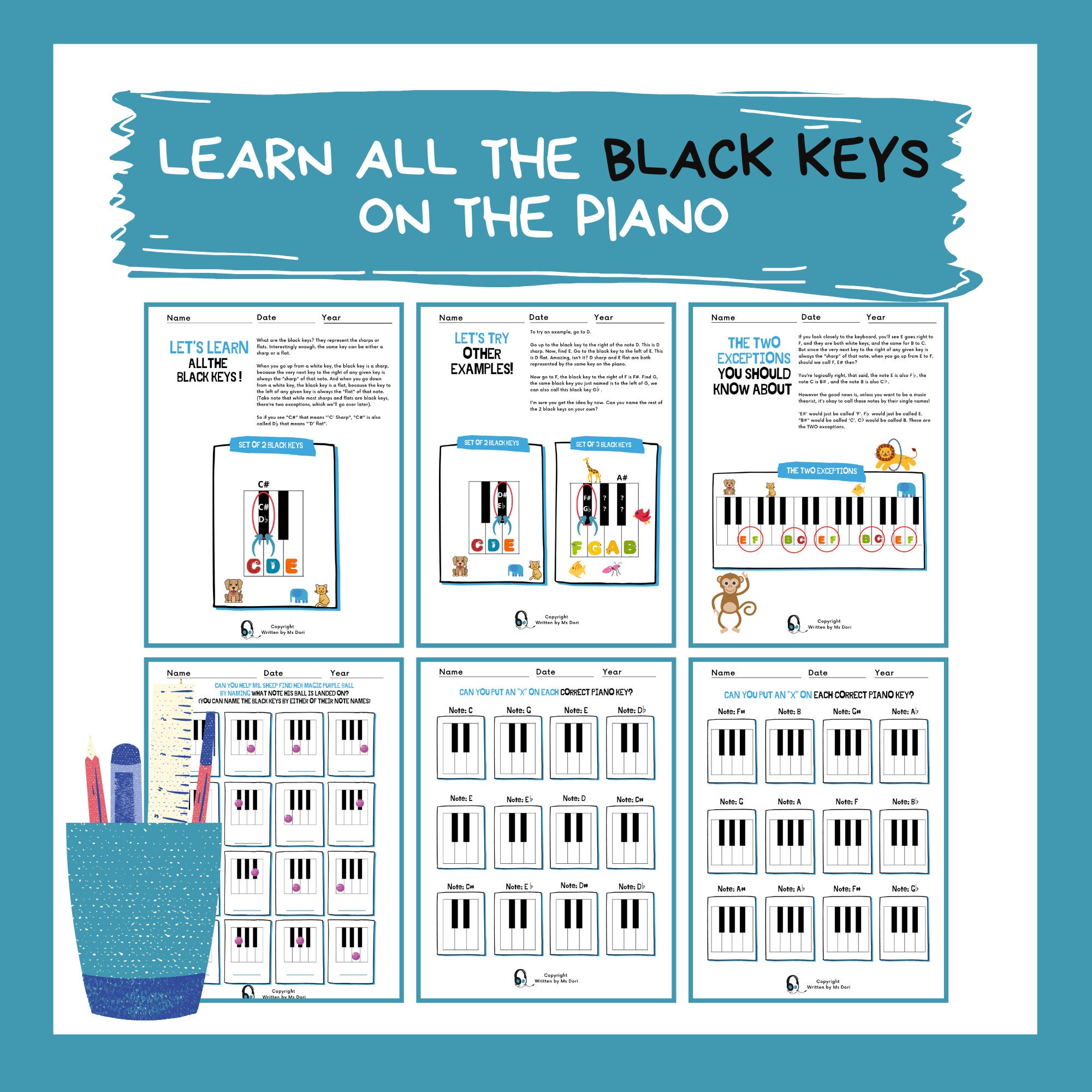 Learn Piano Black Keys Music Study Printables Lesson Sheets Exercise ...