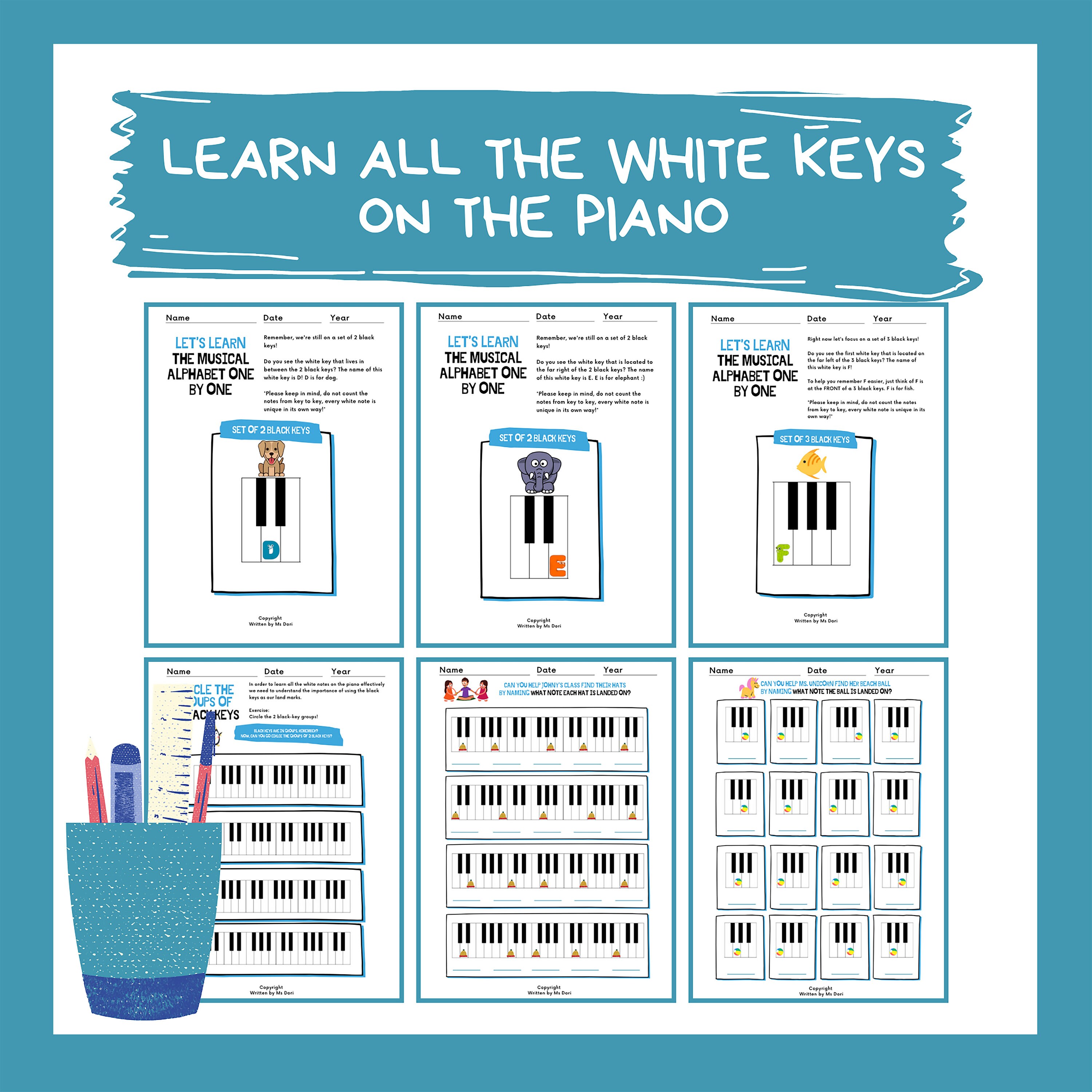 Learn Piano White Keys Music Study Printables Lesson Sheets Exercise ...