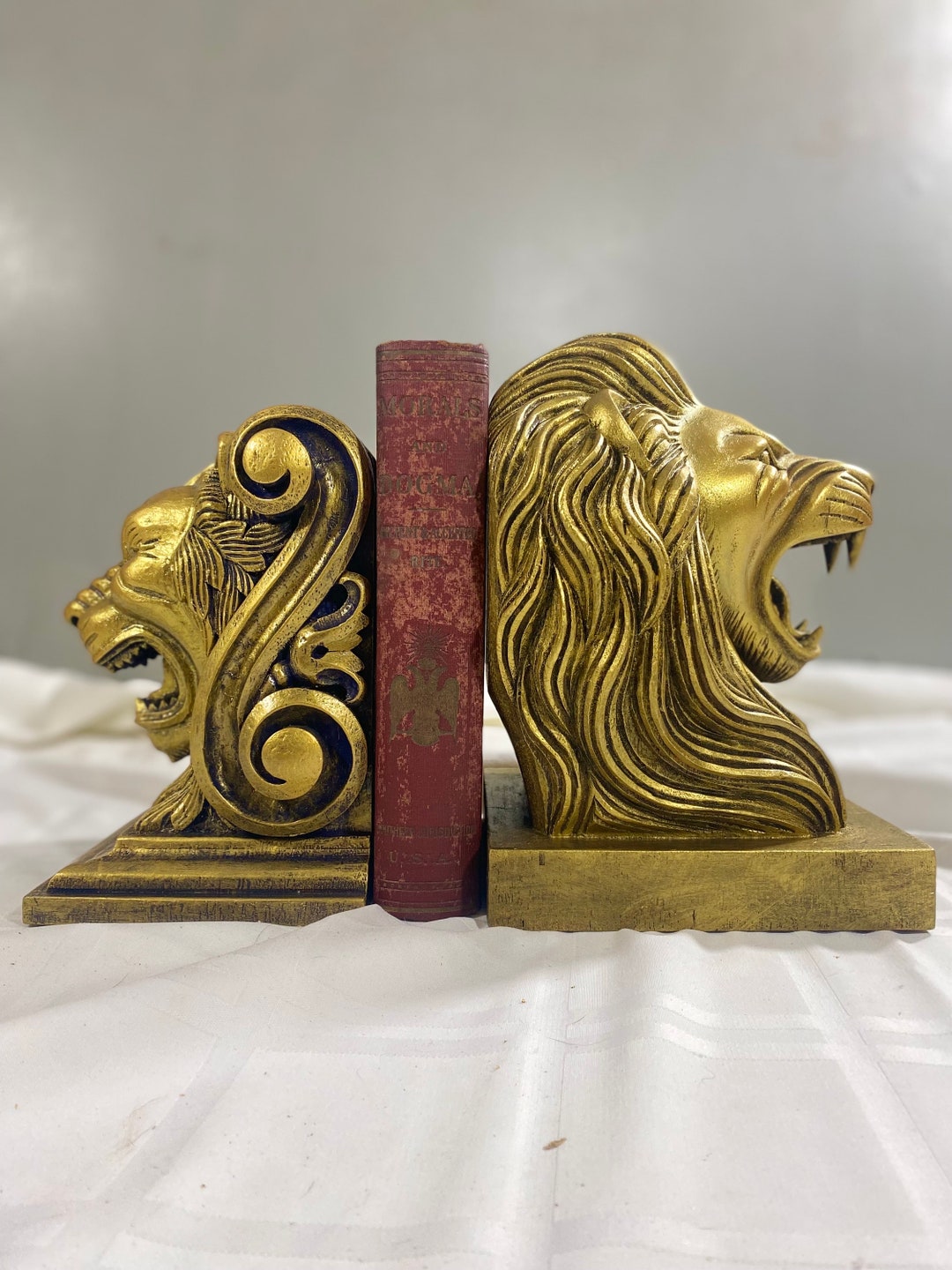 2 BOOKENDS LION Hand Carved Wood Lion Bookends , Exotic Lion Carved ...