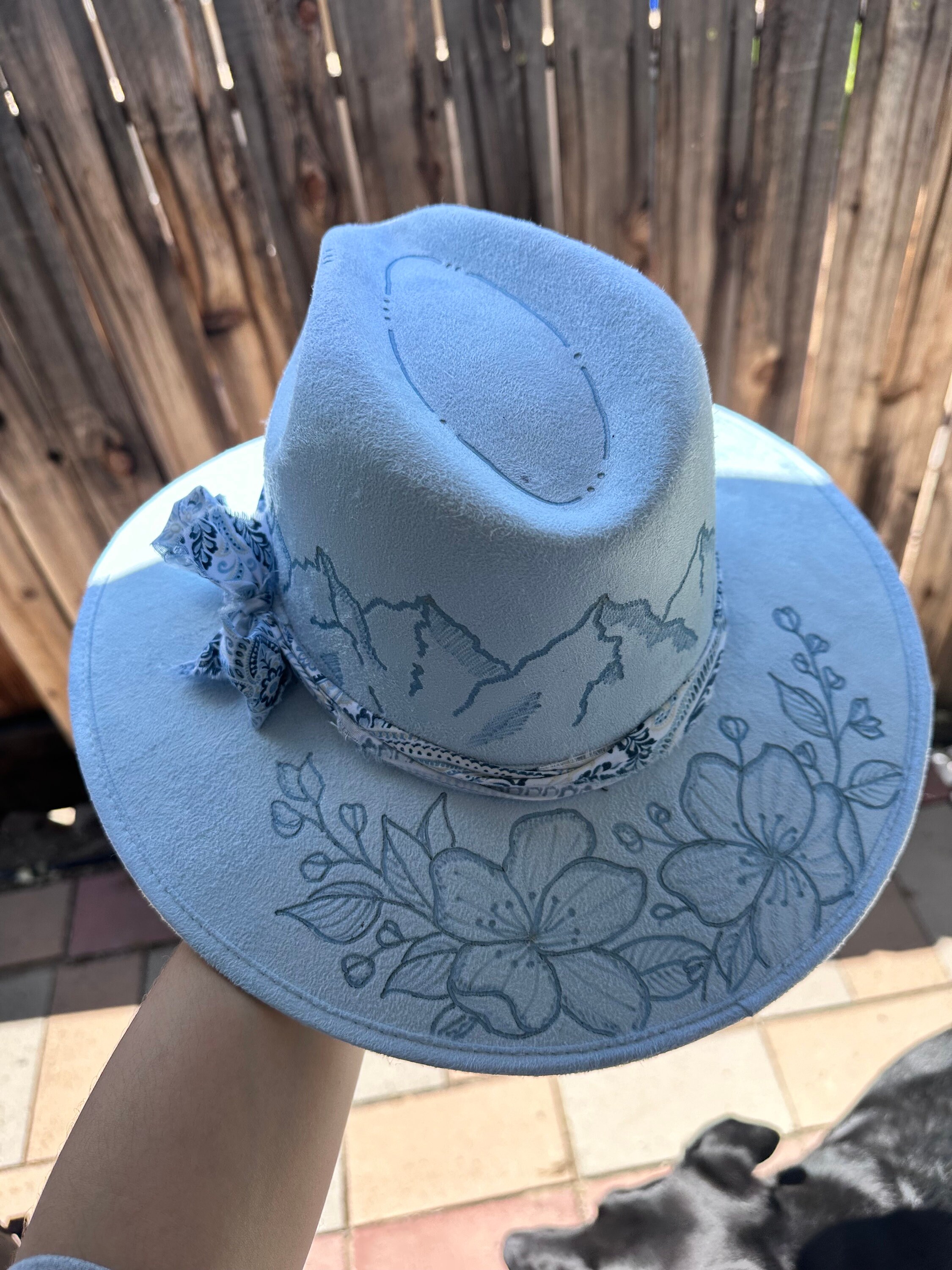Bluey Blue Faux Suede Wide-brim Hand Burned Hat, Boho Western Style ...