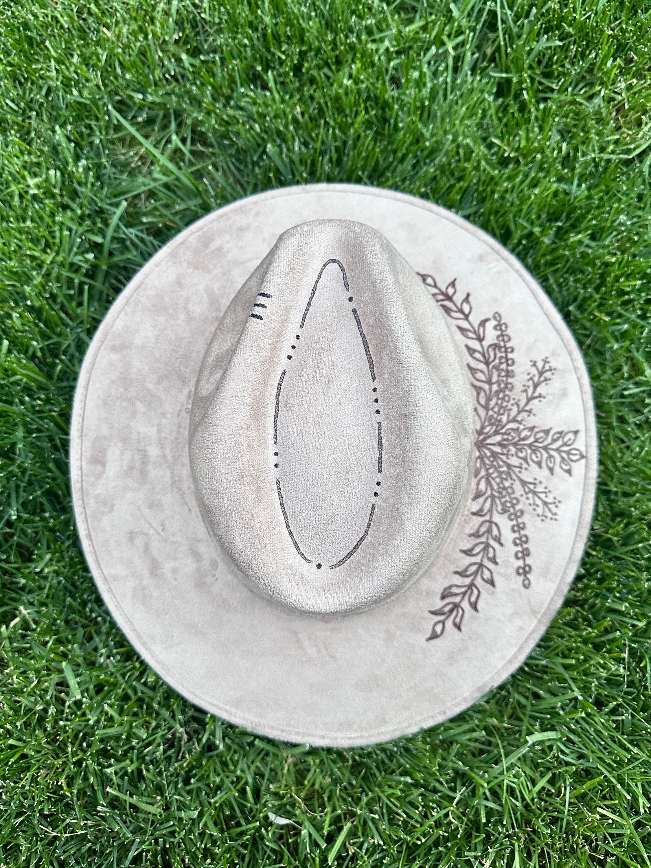 Avery - Handcrafted Wide Brim Suede Hat, Boho Hand Burned Design ...