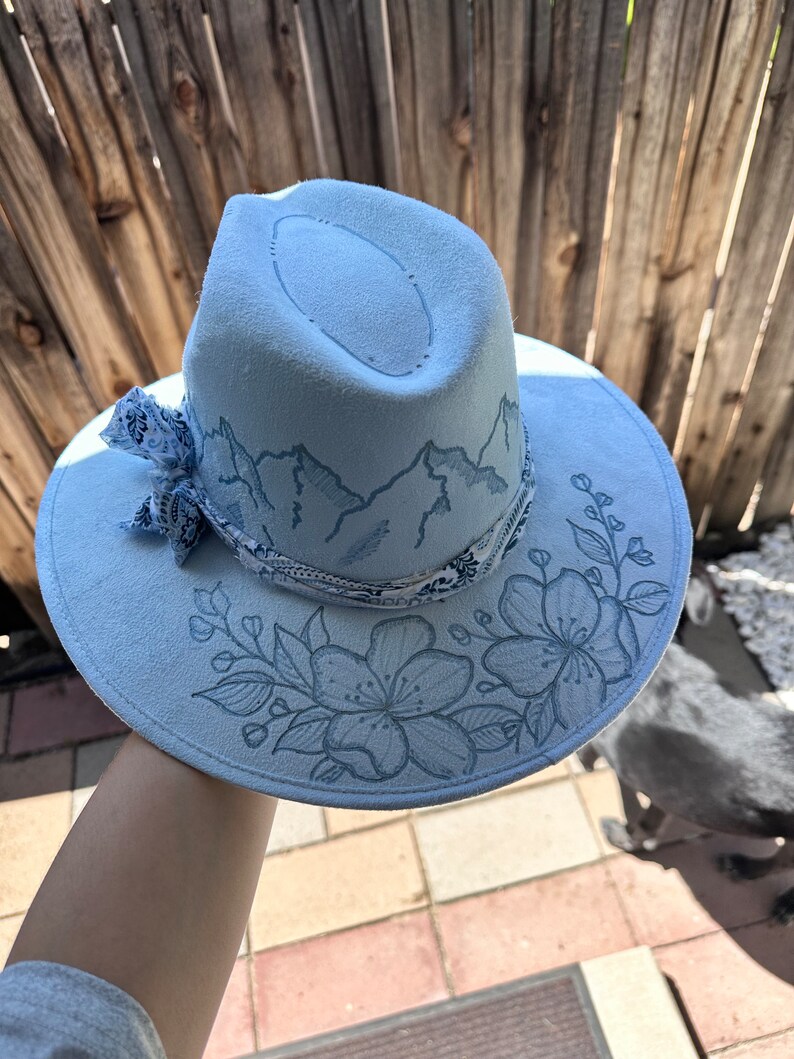 Bluey Blue Faux Suede Wide-brim Hand Burned Hat, Boho Western Style ...