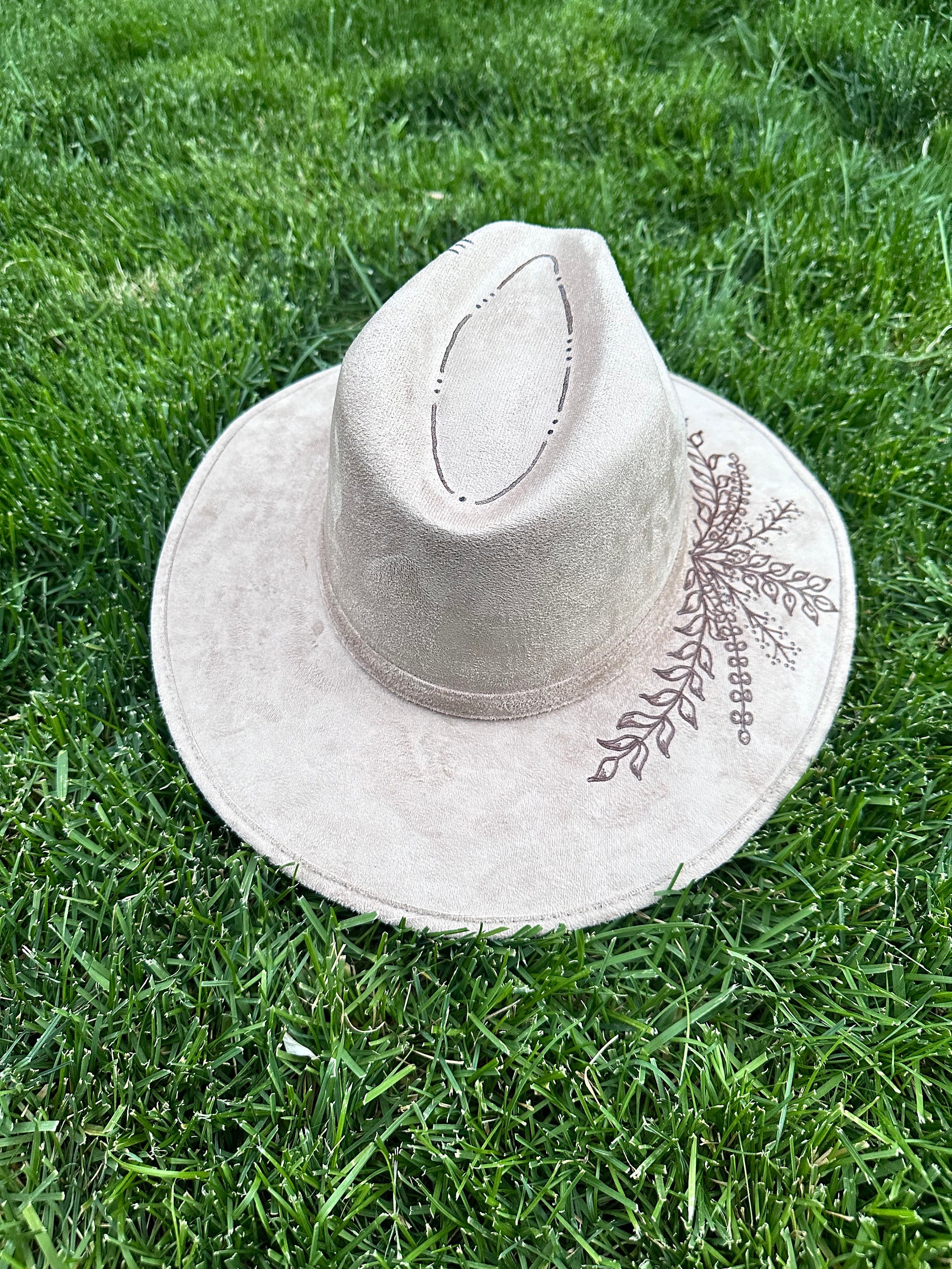 Avery - Handcrafted Wide Brim Suede Hat, Boho Hand Burned Design ...