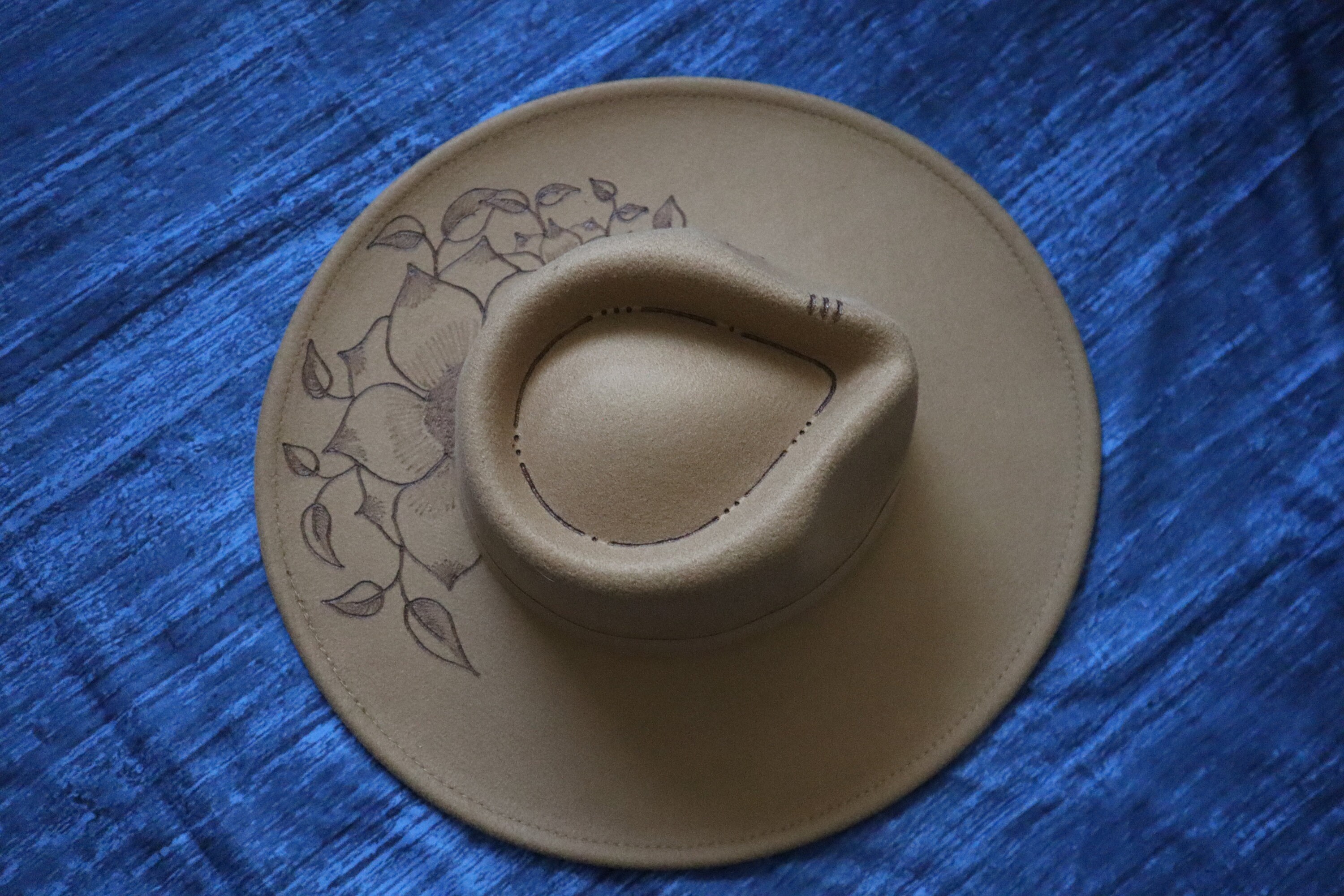Brown Wide Brim Western Style Fedora Hat With Hand Burned Unique Floral ...