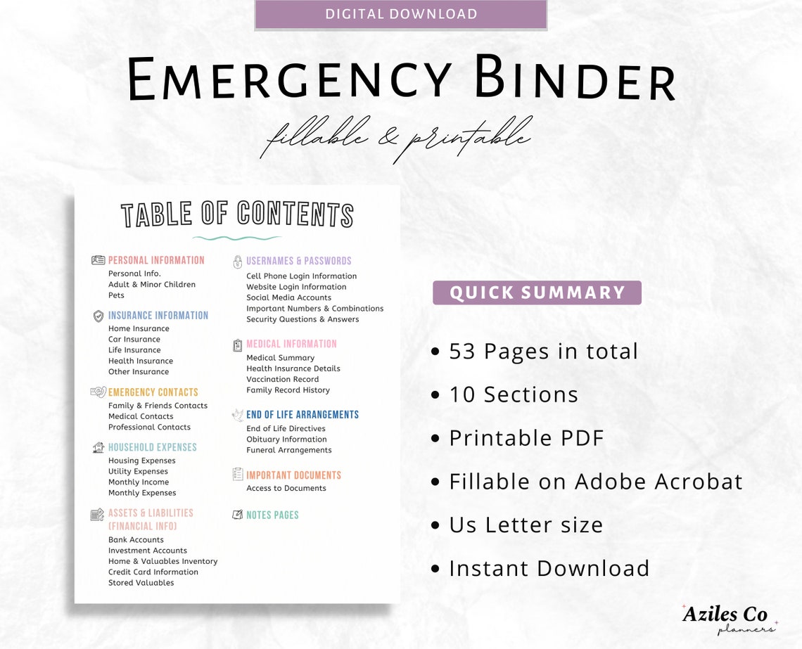 Emergency Binder Printable and Fillable in Case of Emergency - Etsy