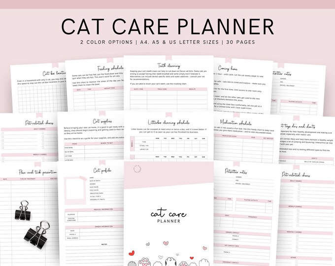 Cat Care Planner Printable, Instant Download US Letter & A4, Cat Care ...